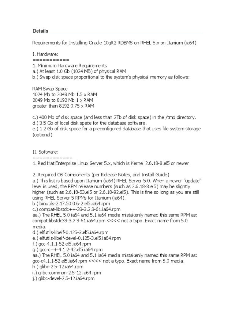 Requirements For Installing 10gR2 RDBMS On RHEL 5.x On Itanium (Ia64 ...