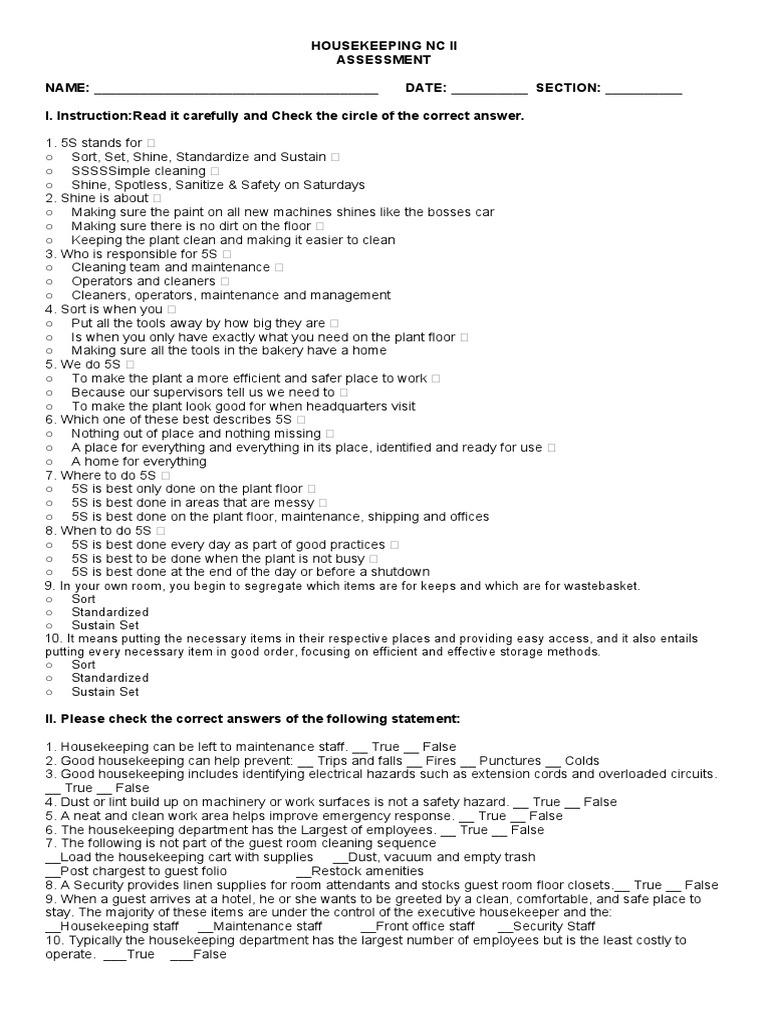 HOUSEKEEPING !st quarter assessment | PDF
