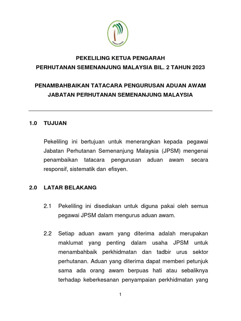 PK KPPSM 2 2023-Pekeliling Penambahbaikan Pengurusan Aduan Awam | PDF