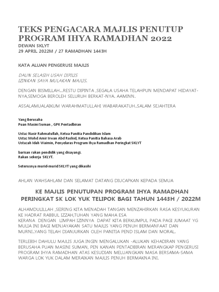 Teks Pengacara Majlis Penutup Program Ihya Ramadhan 2022 | PDF