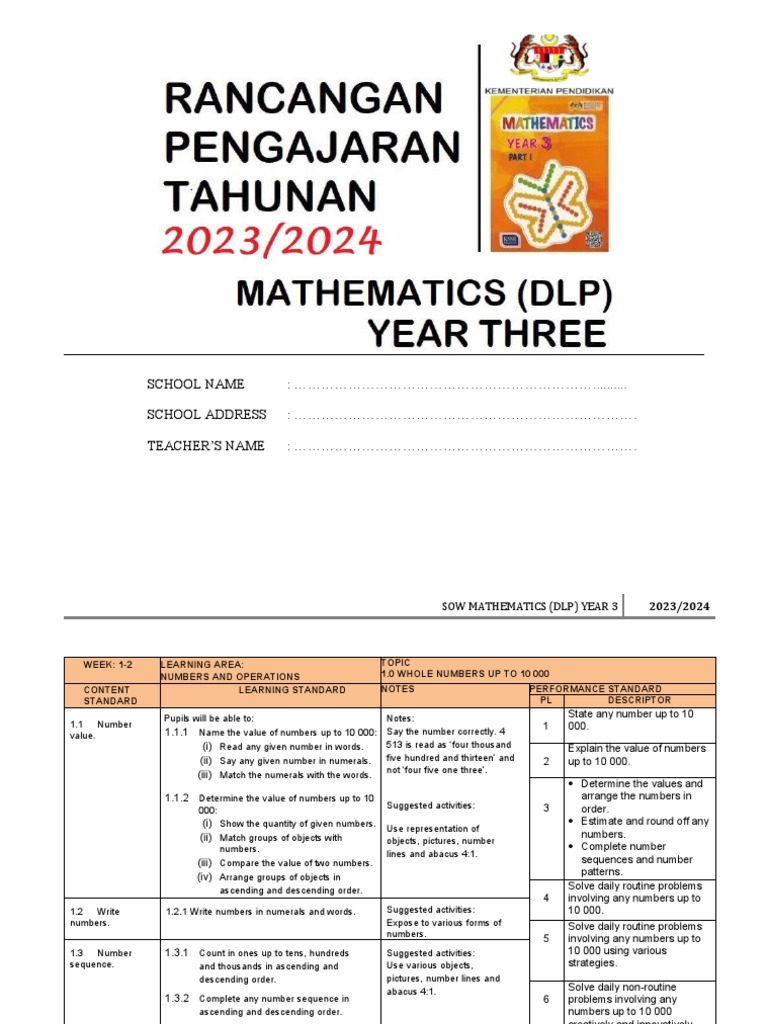RPT Math DLP Year 3 2023-2024 | PDF | Percentage | Numbers