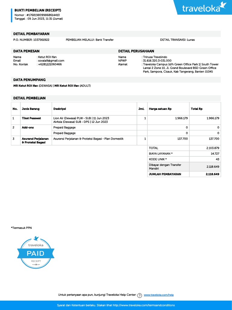 Receipt Flight 1 | PDF