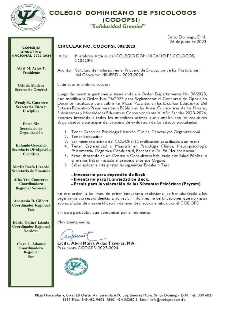 CIRCULAR CODOPSI No. 003-23 ABRIL ARIAS | PDF | Conceptos psicologicos ...