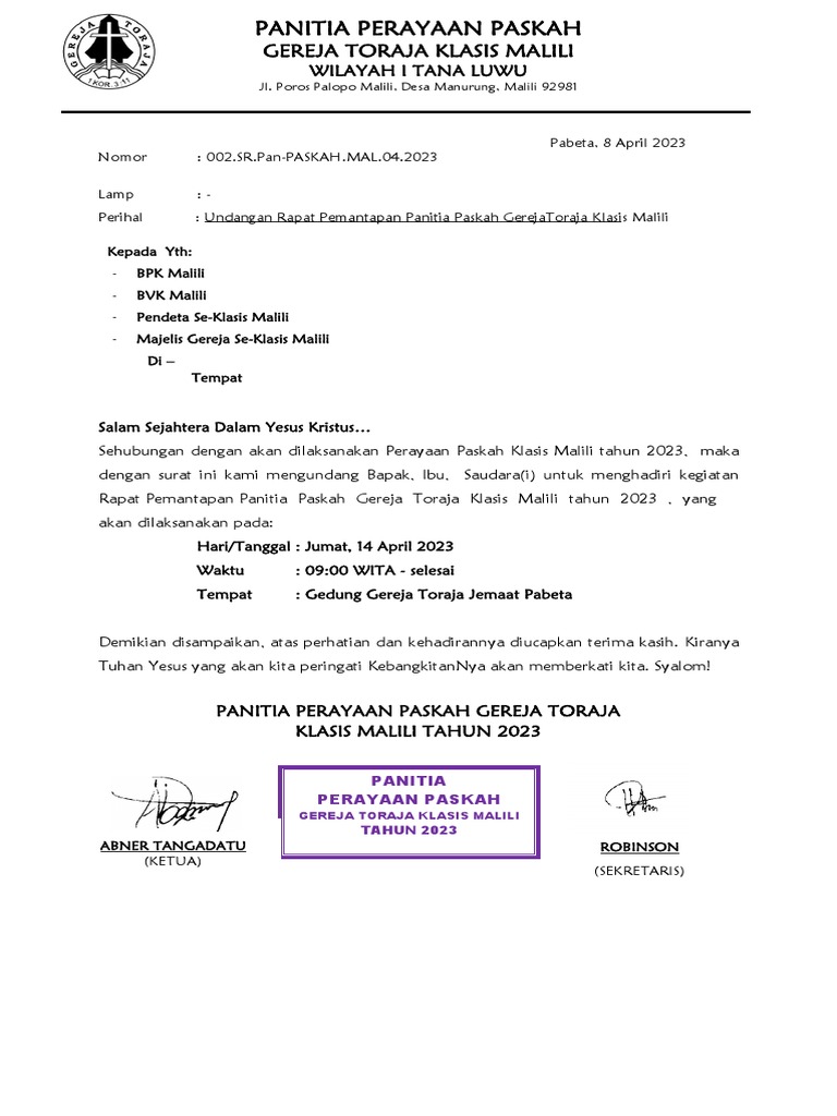 Surat Undangan Rapat Proker Panitia Paskah Klasis Malili | PDF