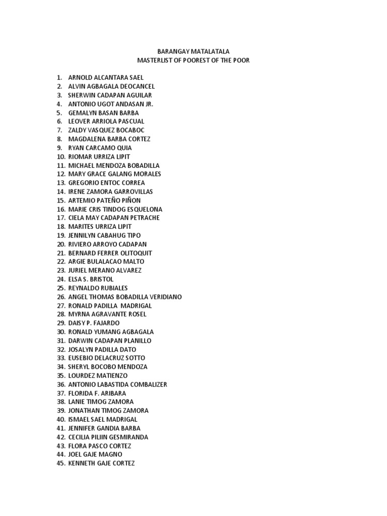 Barangay Matalatala Selected Masterlist 2023 | PDF