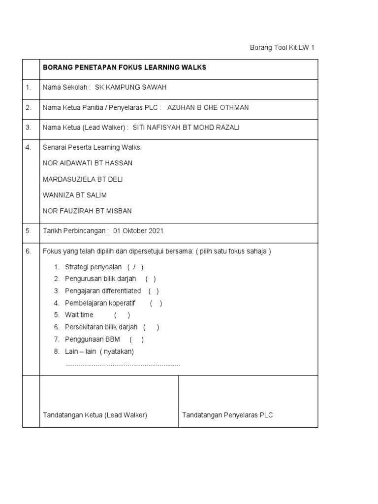 Borang PLC Learning Walks | PDF