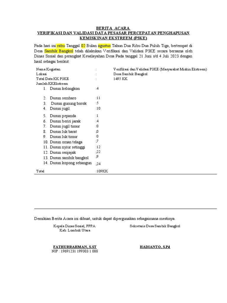 Verifikasi Data P3KE Desa Sambik Bangkol | PDF