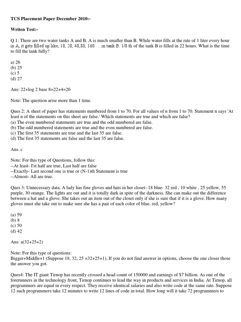 TCS Placement Paper December 2010 Questions | PDF