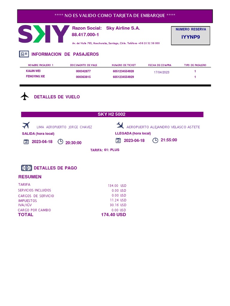 Detalles de Vuelo Sky Airline Lima-Cusco | PDF