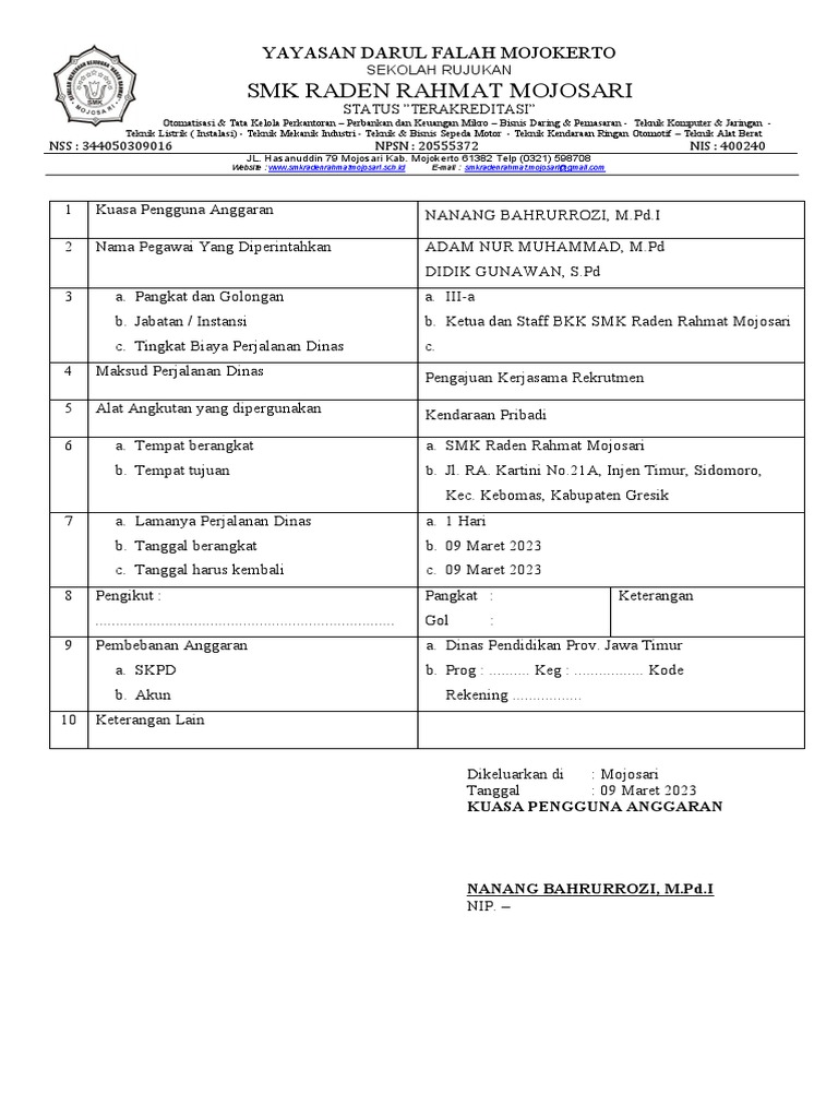 Lampiran SPPD Contoh Rendi | PDF