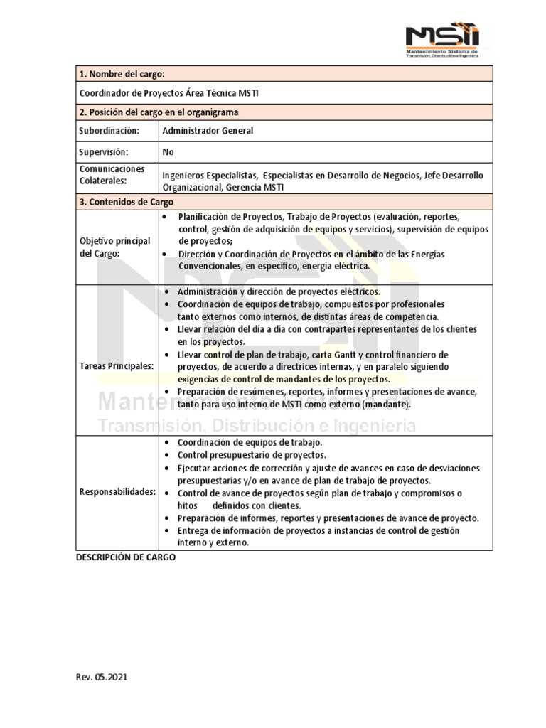 Descriptor de Cargo Coordinador de Proyectos | PDF | Negocios | Tecnología