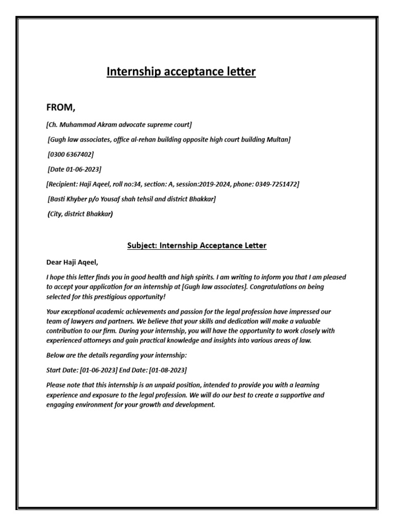 Internship Acceptance Letter | PDF