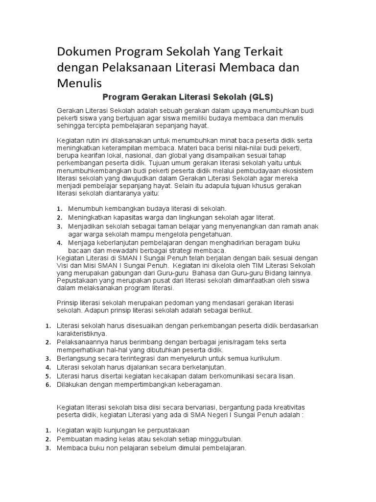 Dokumen Program Sekolah Yang Terkait Dengan Pelaksanaan Literasi ...