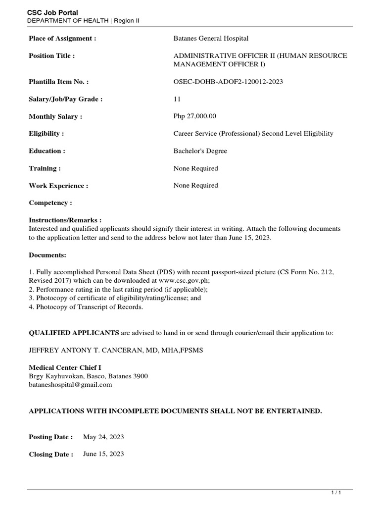 Department of Health-Administrative Officer Ii Human Resource ...