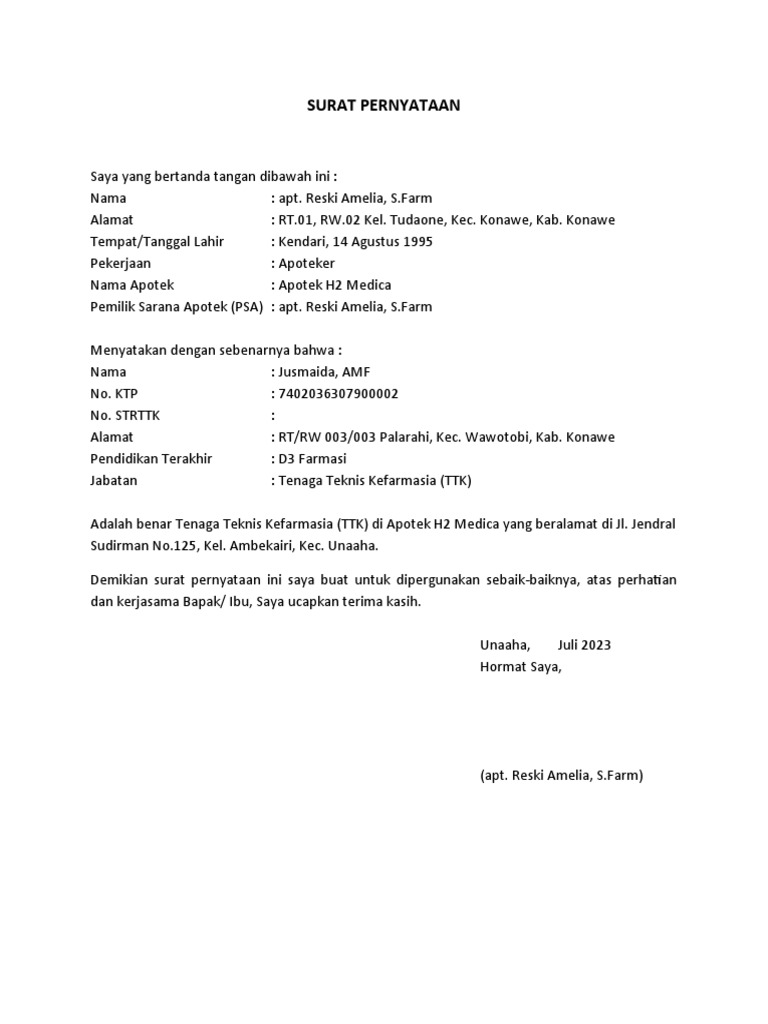 Surat Pernyataan Psa - TTK | PDF