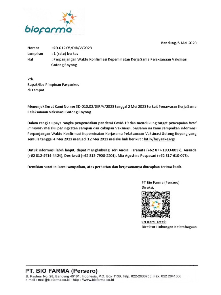 Surat Informasi Perpanjangan Waktu Konfirmasi Kerja Sama VGR Fasyankes | PDF