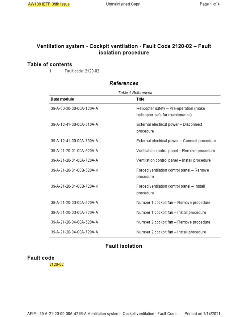 #1 Ventilation System - Cockpit Ventilation - Fault Code 2120-02 Fault Isolation Procedure ...