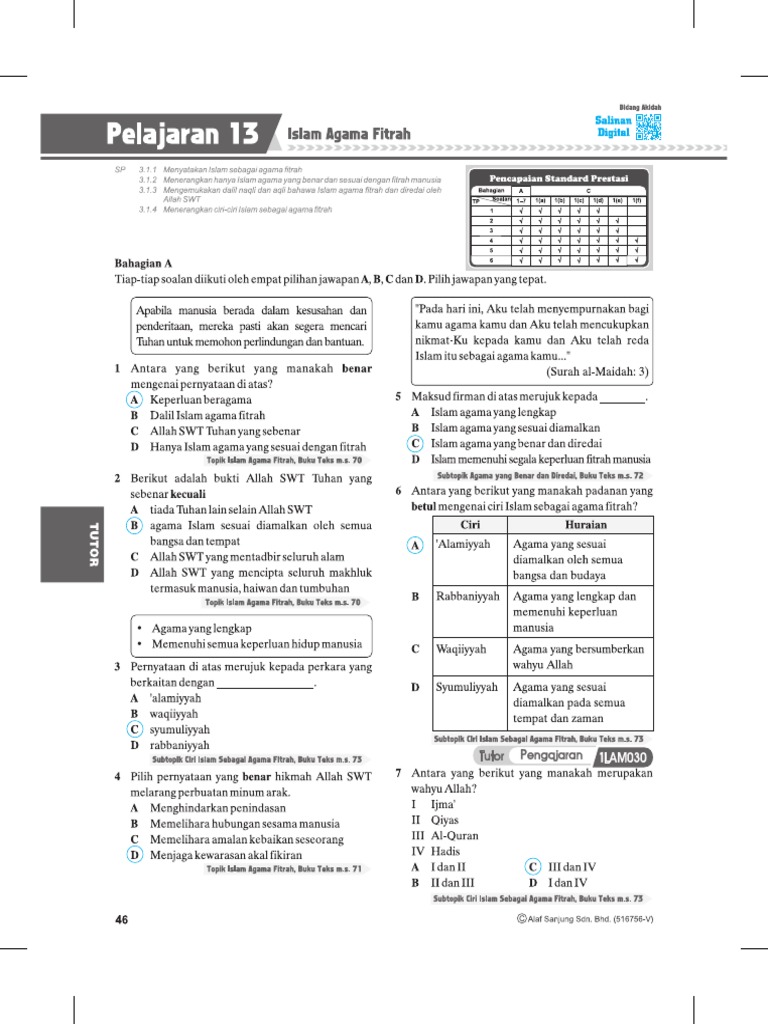 Latih Tubi Pendidikan Islam Tingkatan 1 Pelajaran 13 | PDF