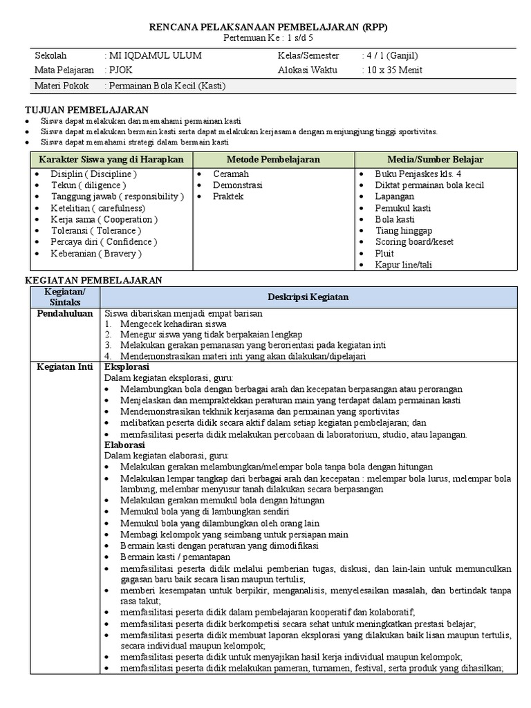 RPP PJOK Kelas 4 Semester 1 - Kasti Test | PDF