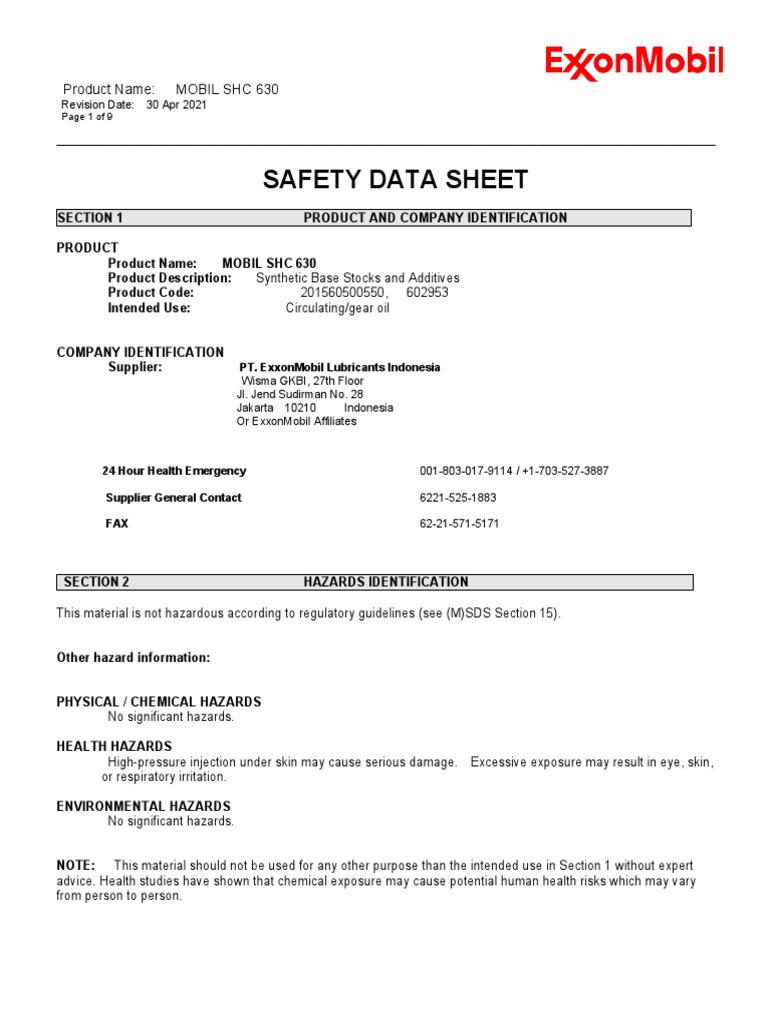 MSDS Mobil SHC 630 | PDF | Toxicity | Waste Management