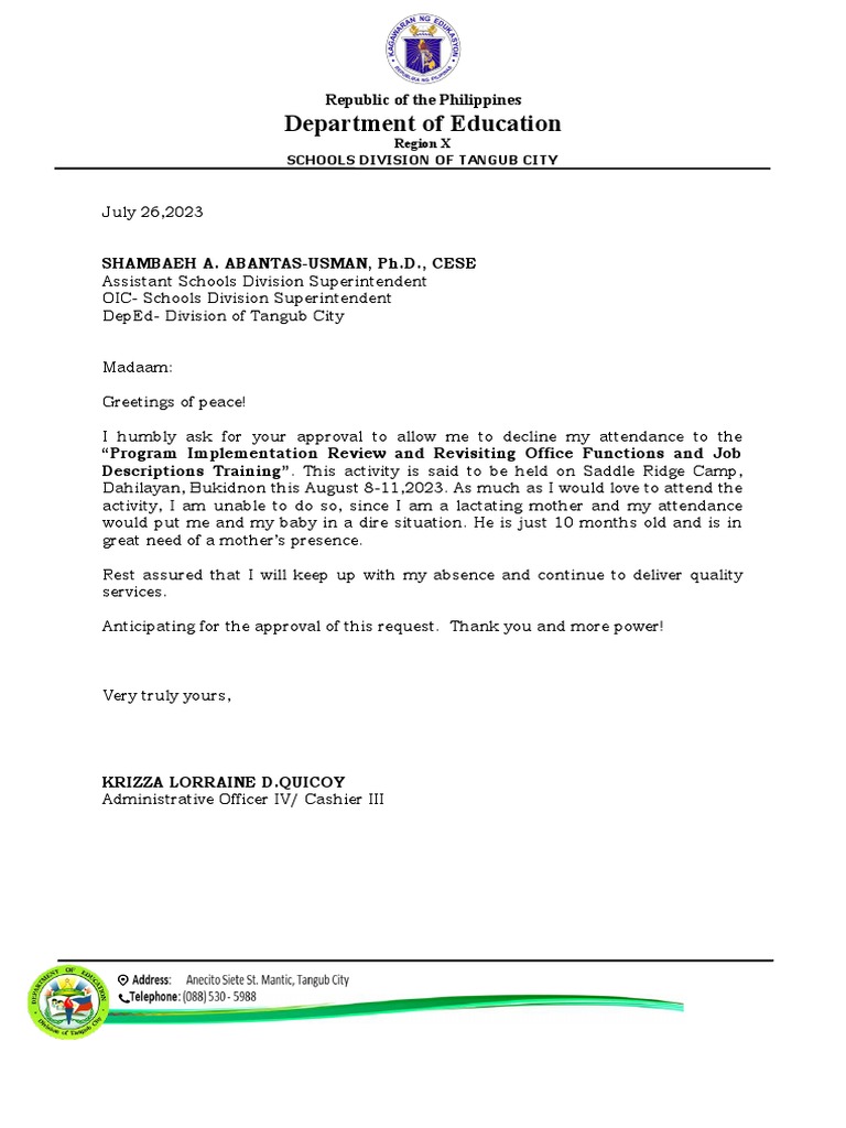 letter of absence in a meeting | PDF | Philippines | Government