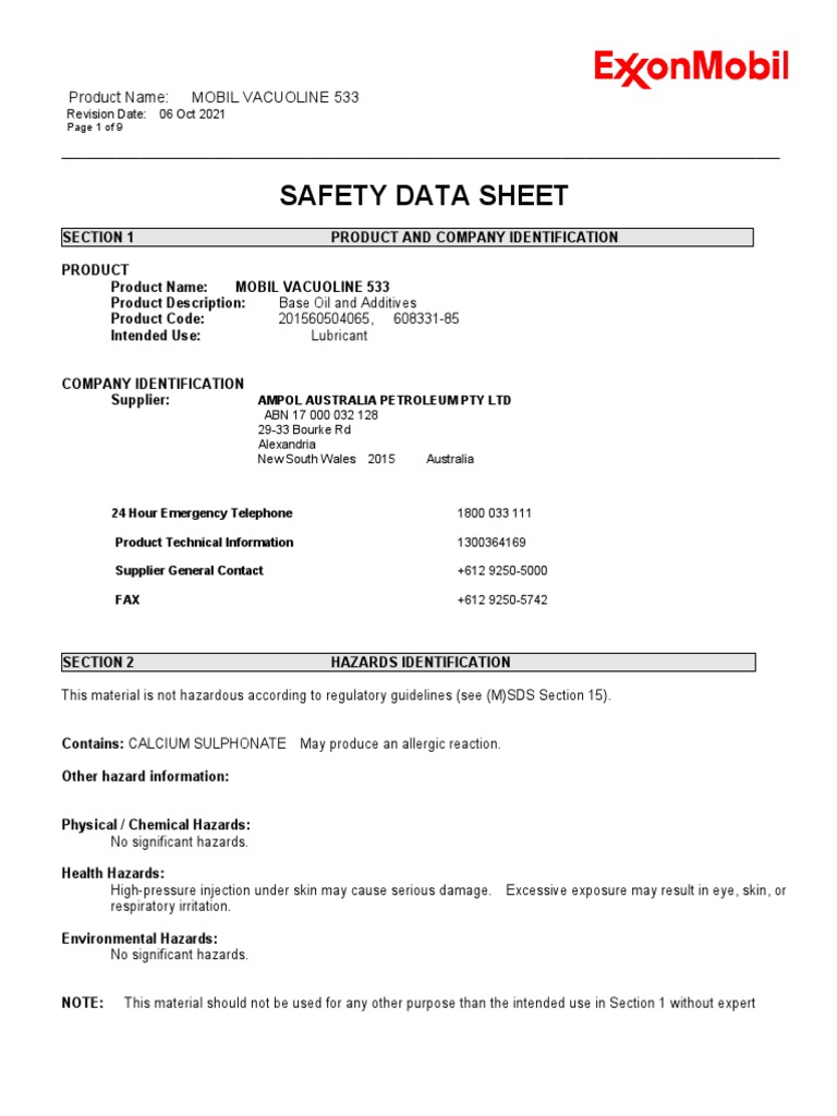 Mobil Vacuoline 533 Safety Data Sheet | PDF | Science & Mathematics ...