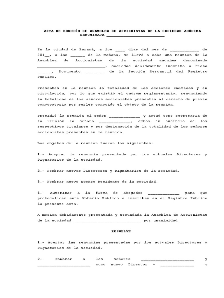 Modelo de Acta-Nombramiento de Directores Dignatarios Agente Residente ...