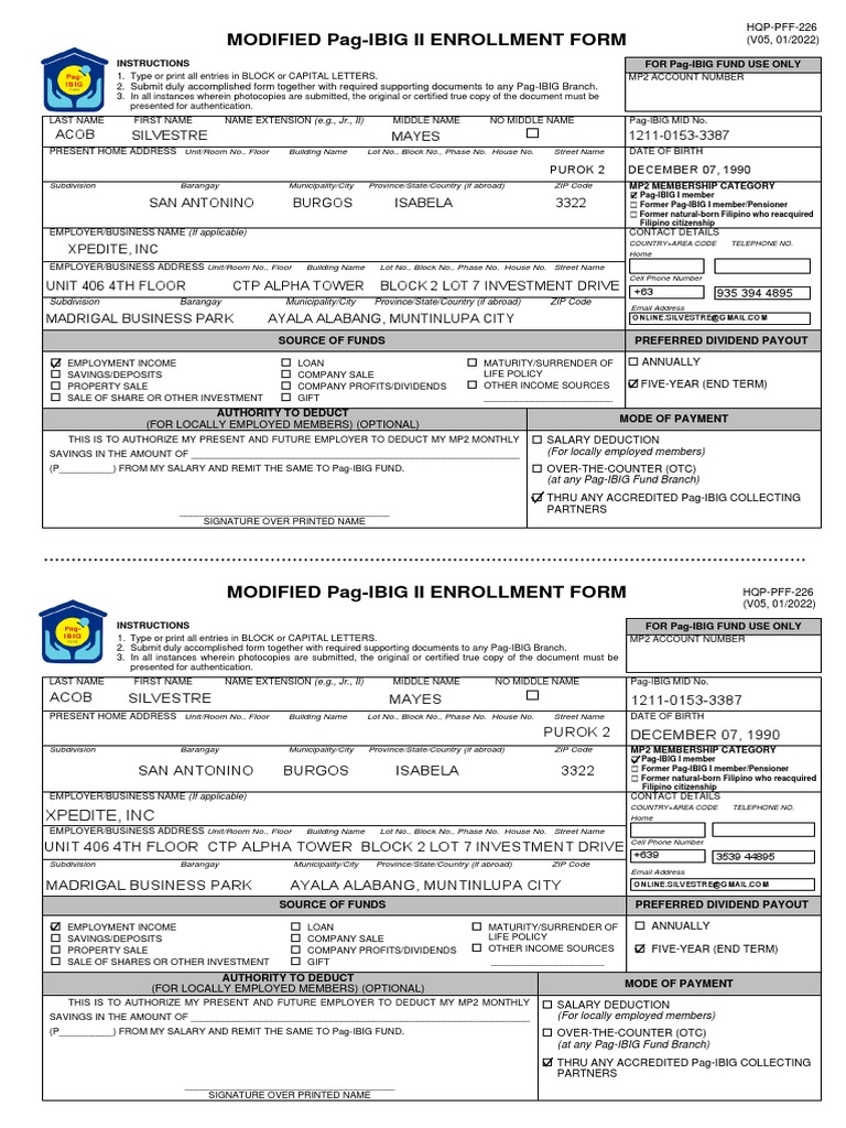 PFF226 ModifiedPagIBIGIIEnrollmentForm V05 | PDF