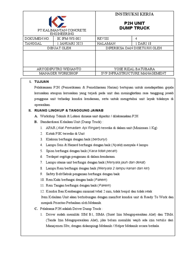 Prosedur P2H Dump Truck di PT KCE | PDF