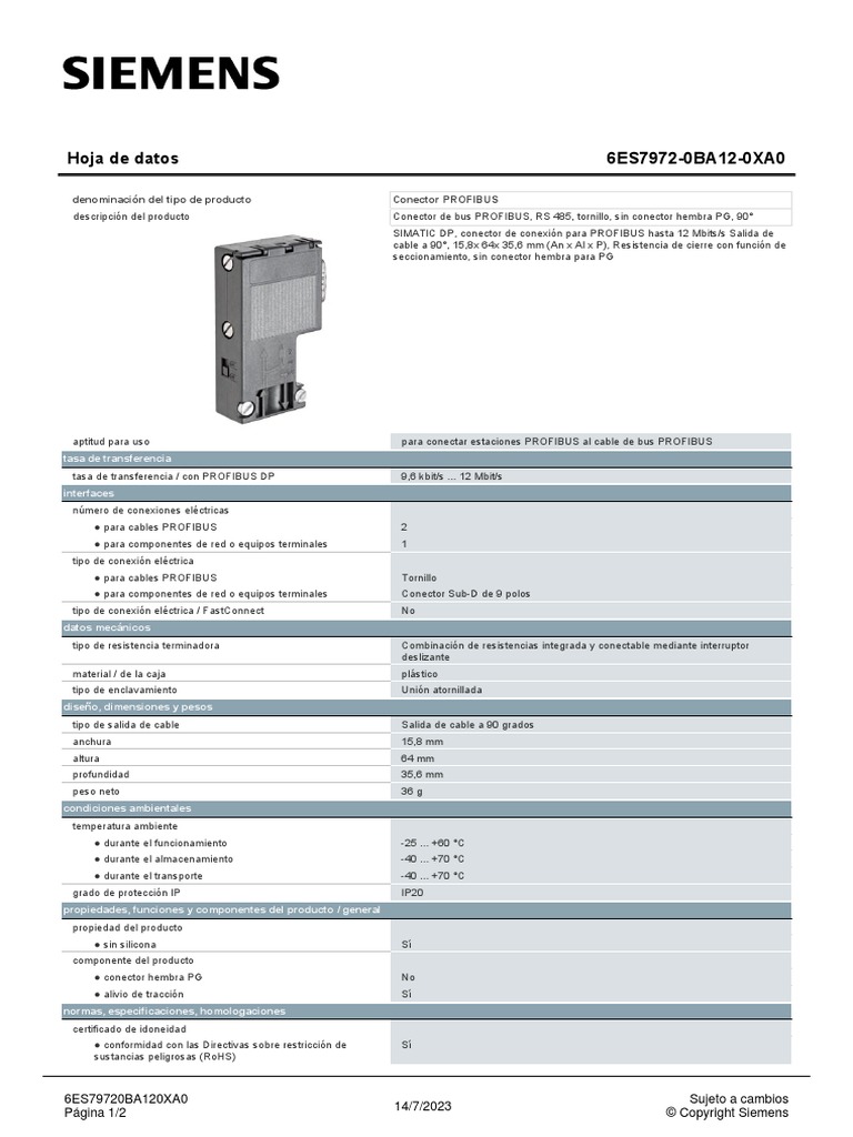 Siemens Conector Profibus 6es7972-0ba12-0xa0 | PDF