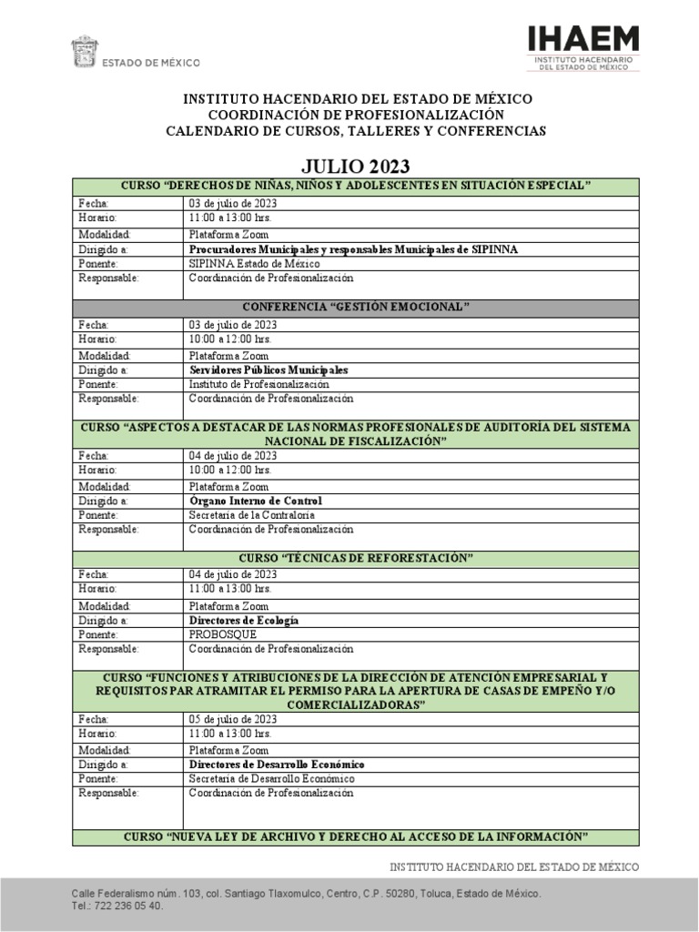 Cursos y Conferencias IHAEM Julio 2023 | PDF | México