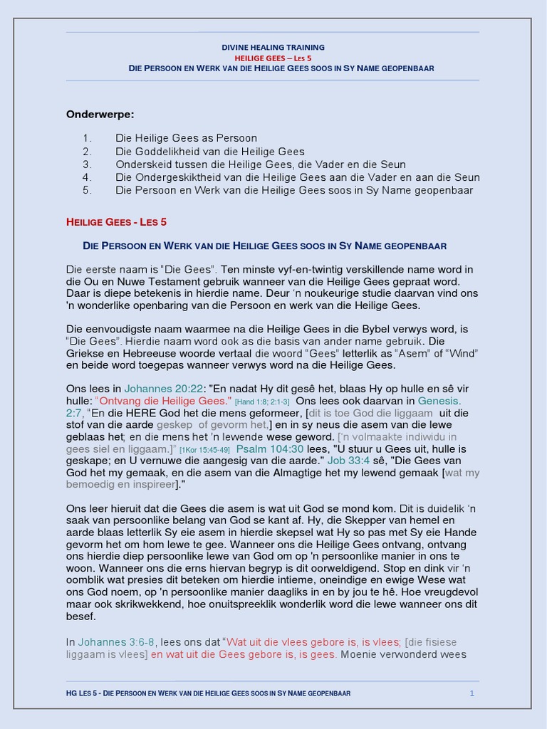HG Les 5 Die Persoon en Werk Van Die Heilige Gees Soos in Sy Name ...