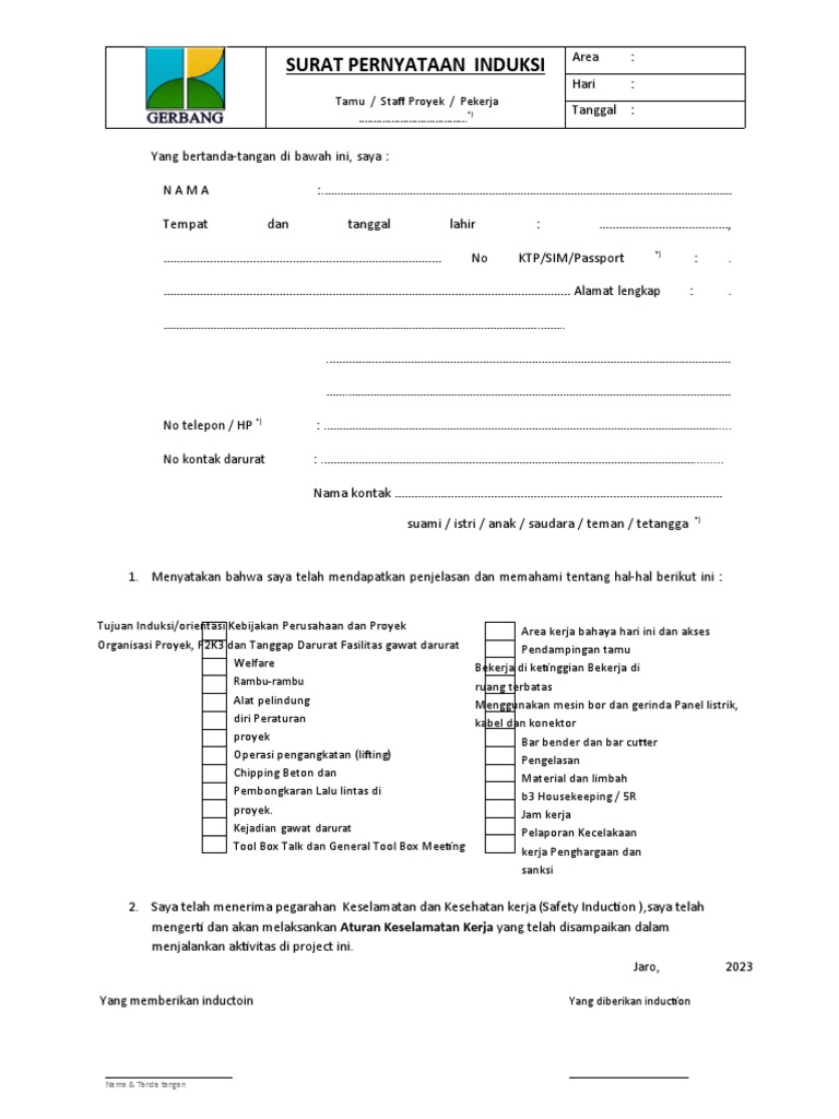 Pernyataan Induksi Proyek dan K3 | PDF