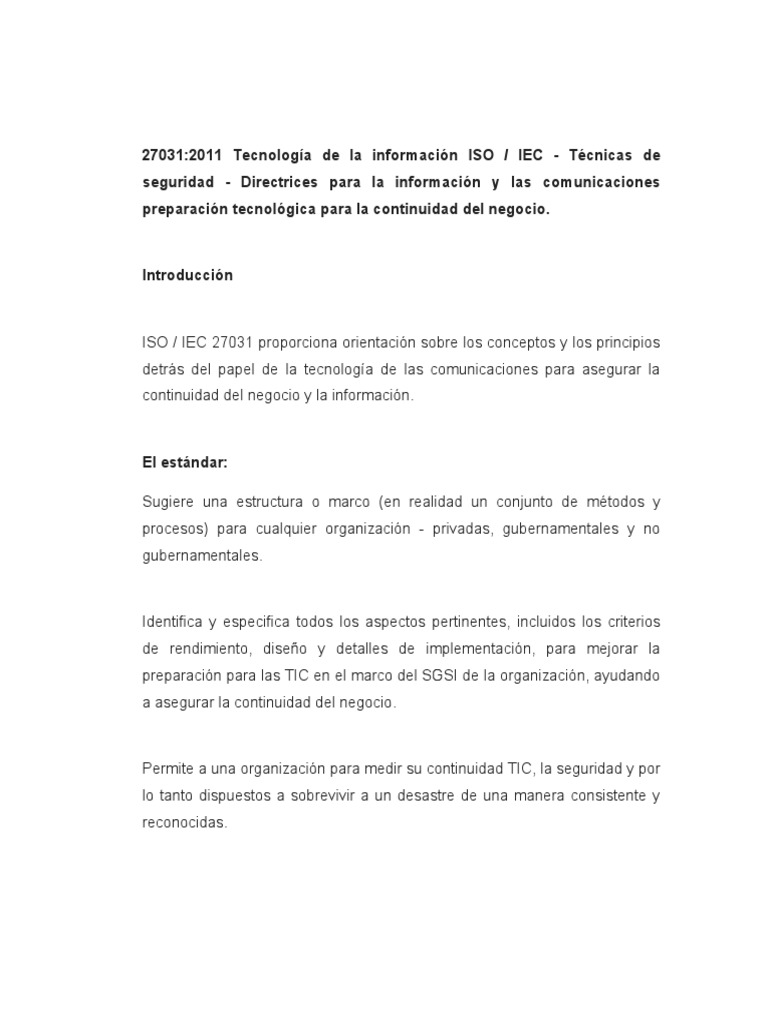 ISO IEC 27031 | PDF | Tecnología de información y comunicaciones