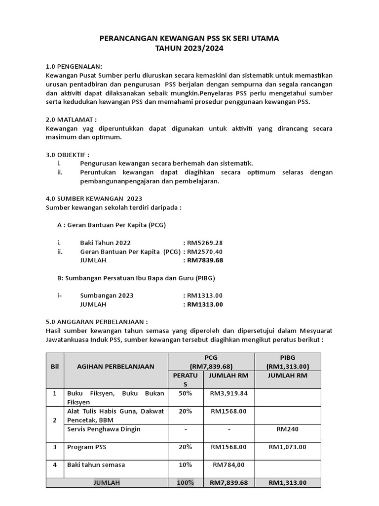 Perancangan Kewangan PSS Sksu 2023 | PDF