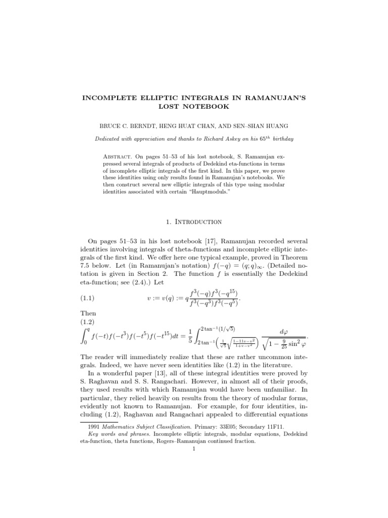 Incomplete Elliptic Integrals in Ramanujan's Lost Notebook | PDF | Functions And Mappings ...