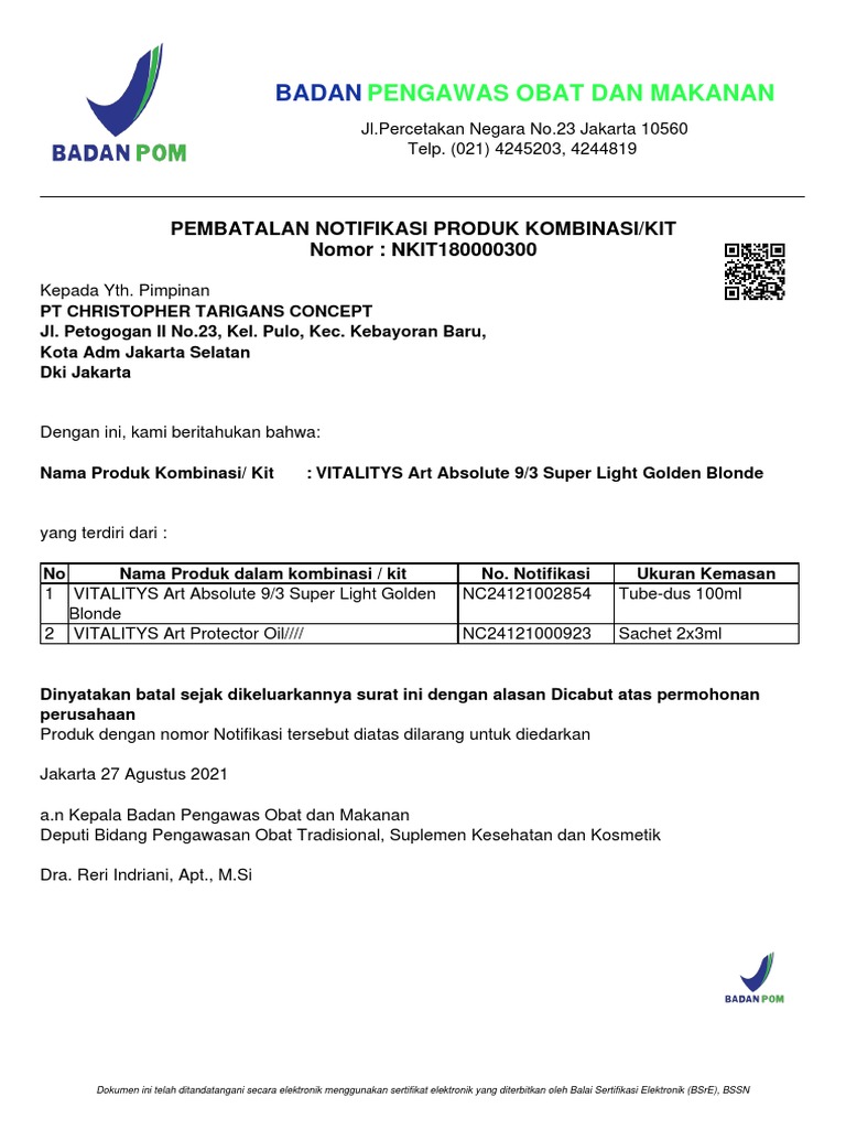 Surat Pembatalan Notifikasi | PDF
