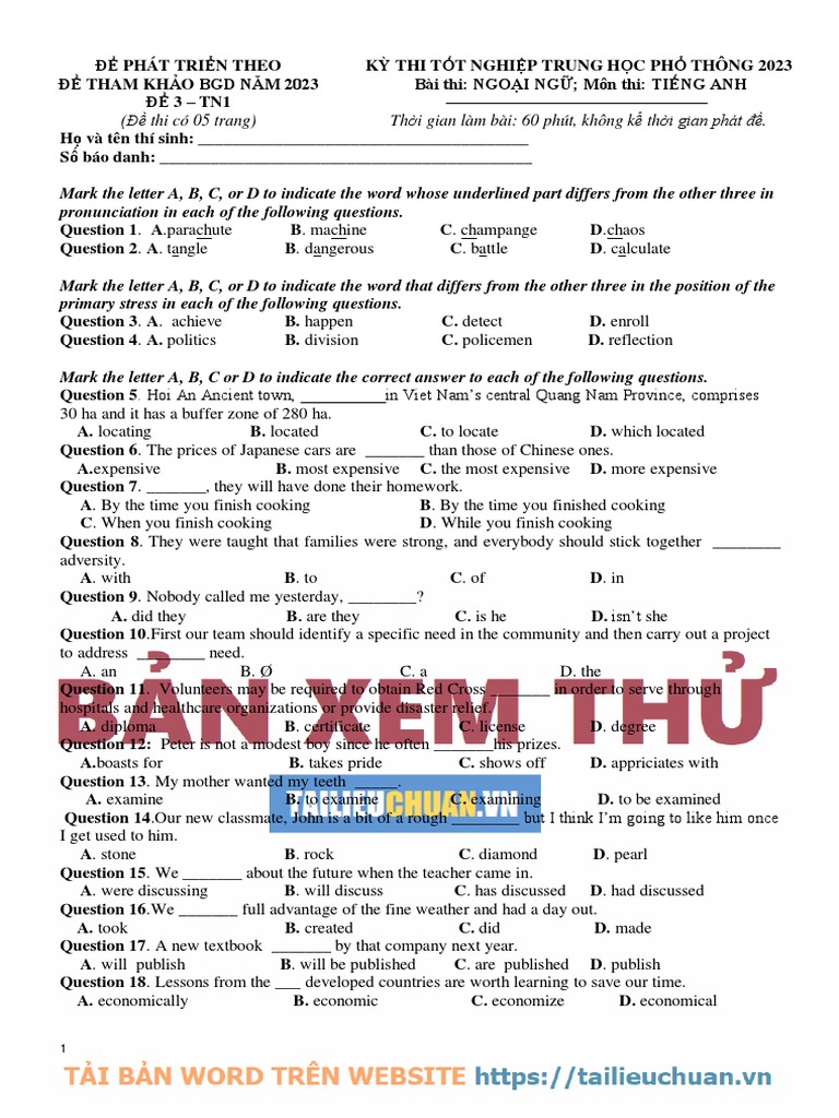 03. ĐỀ VIP 3 - Soạn chuẩn cấu trúc minh họa BGD năm 2023 - Môn TIẾNG ANH - Bản word có giải (TN1 ...