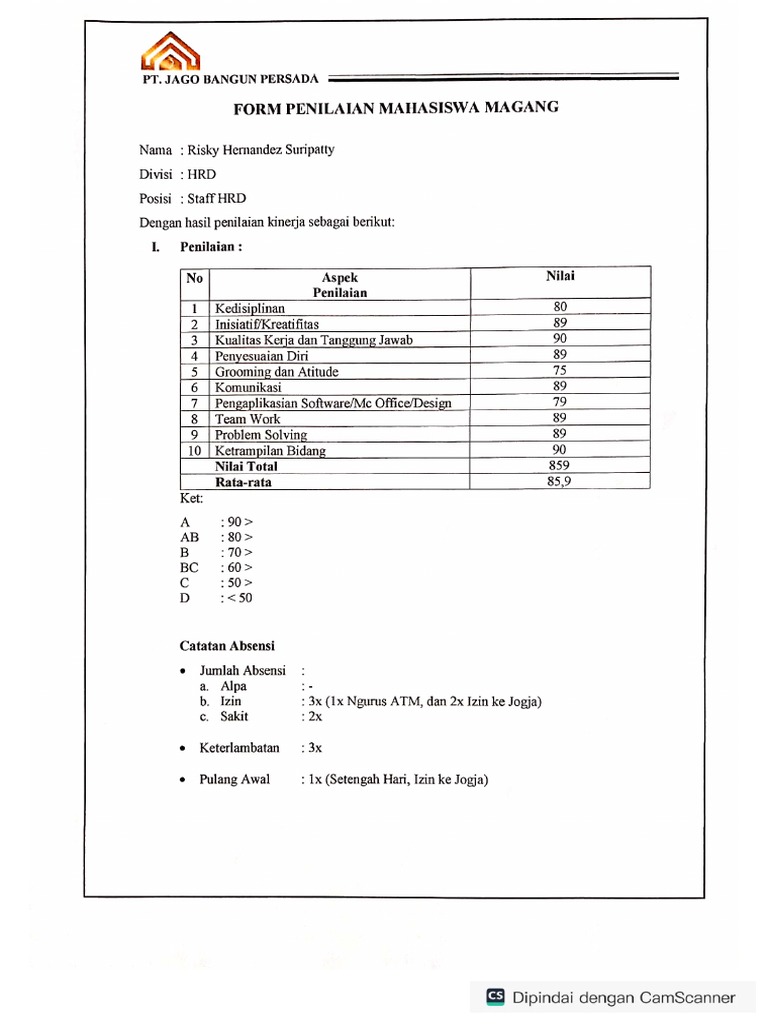 FORM PENILAIAN MAHASISWA MAGANG | PDF