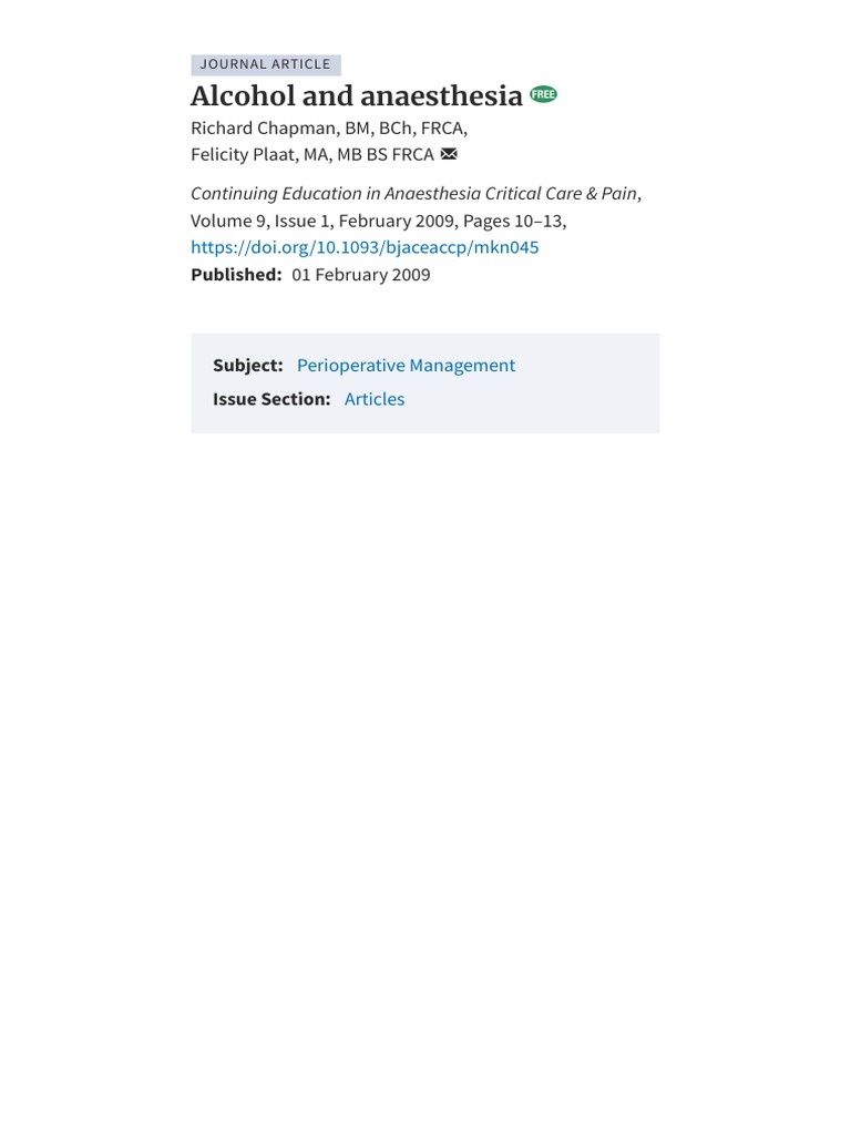 Alcohol and Anaesthesia - BJA Education - Oxford Academic | PDF ...