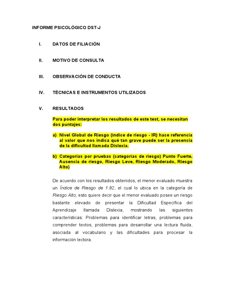 Informe Psicológico DST-J sobre Dislexia | PDF | Memoria | Aprendizaje