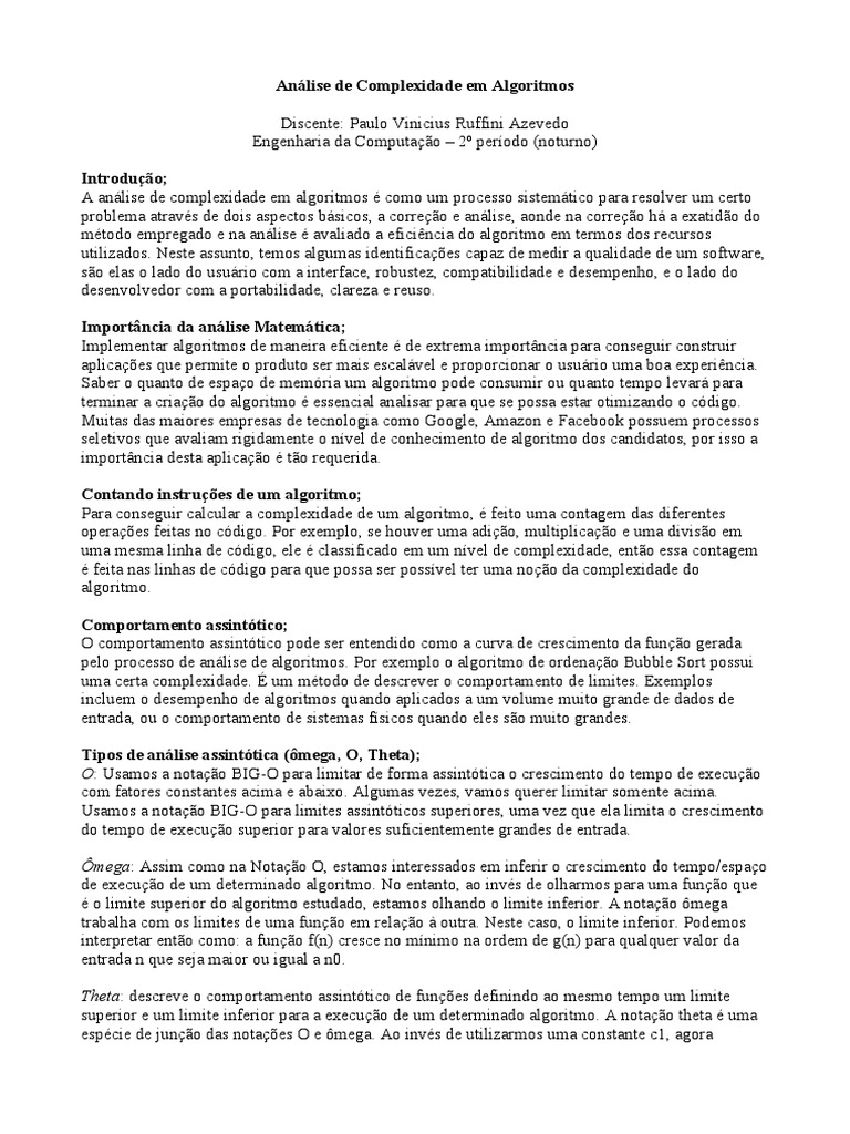 Relatório - Análise de Complexidade em Algoritmos | PDF | Algoritmos | Limite (Matemática)