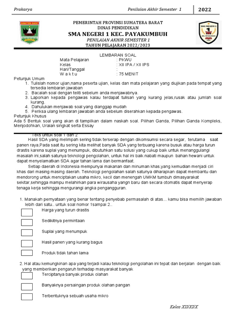 Soal Pkwu Kelas 12 2022 | PDF