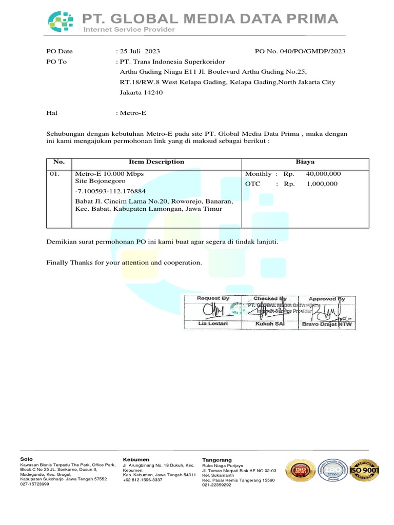07 - Purchase Order PT GMDP - PT. Trans Indonesia Superkoridor - Site Bojonegoro - 040 - 2023 | PDF