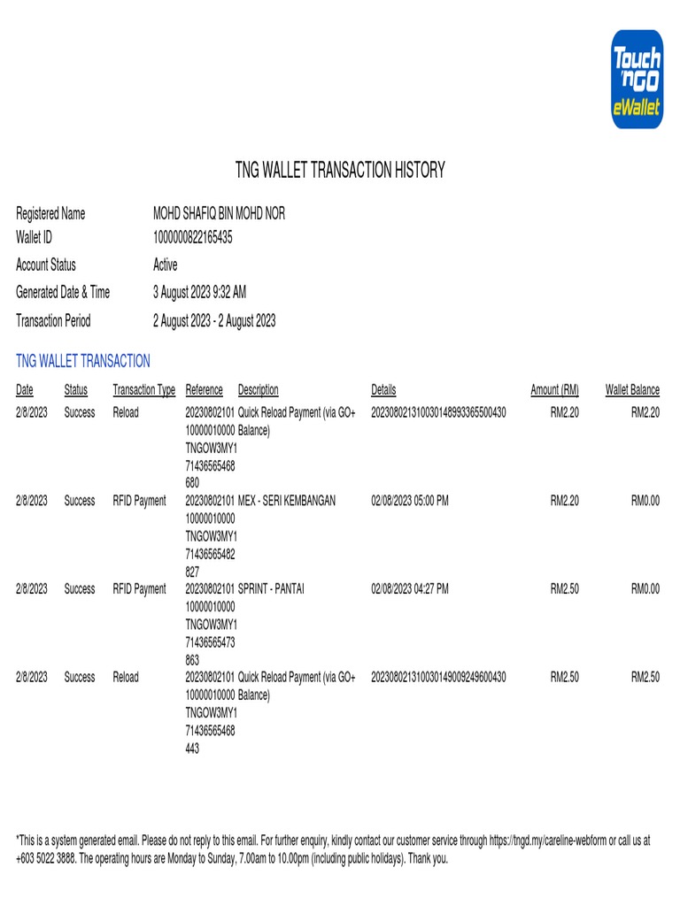 TNG Ewallet Transaction Summary 2023 | PDF
