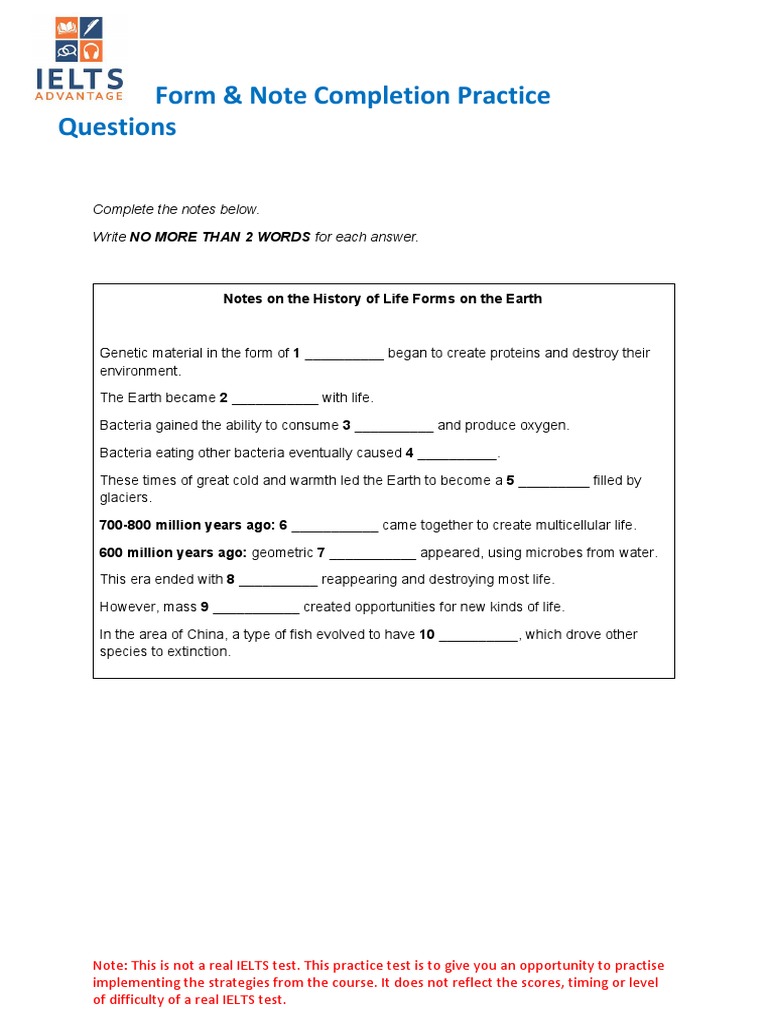 Form and Note Completion Practice Questions 1 | PDF | Paleontology | Life