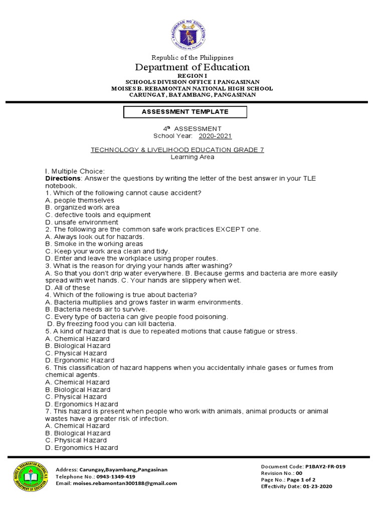 Grade 7 TLE Safety Assessment | PDF