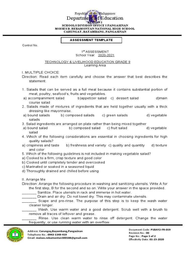 TLE 9-1ST ASSESSMENT 2nd Quarter | PDF
