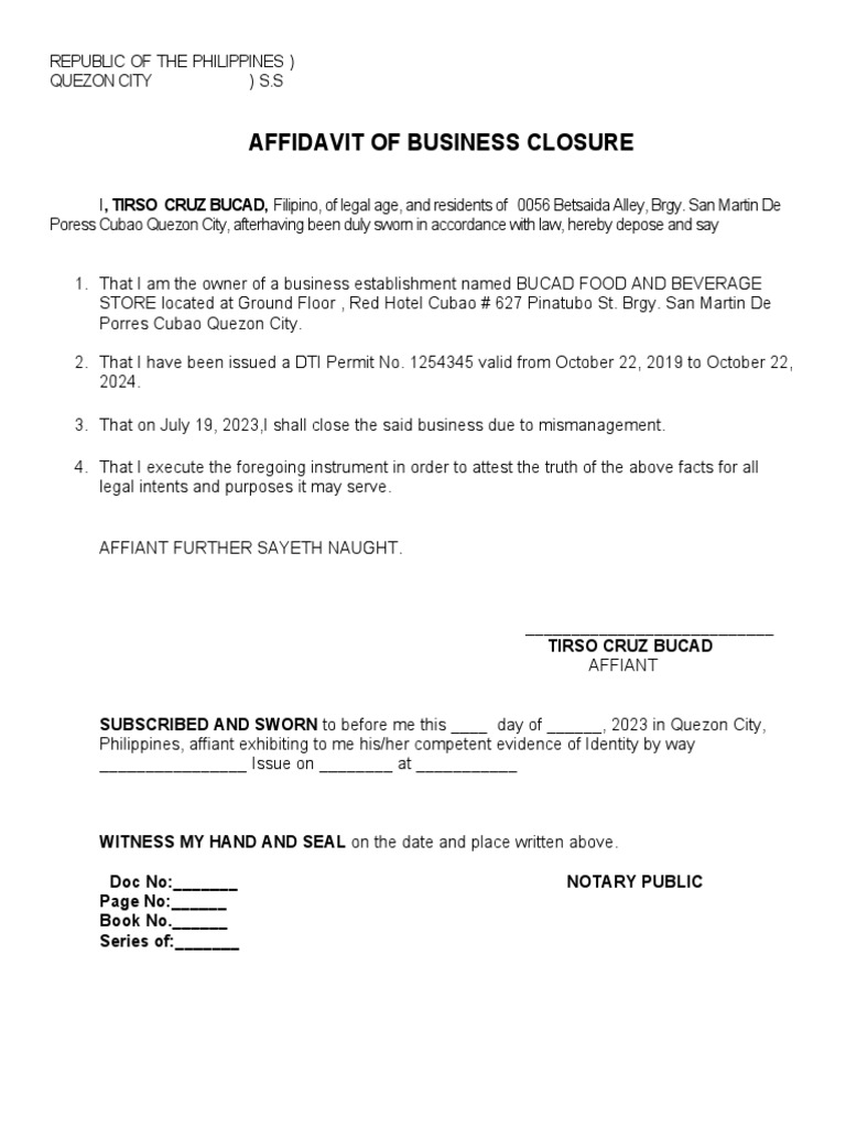 Affidavit of Business Closure | PDF