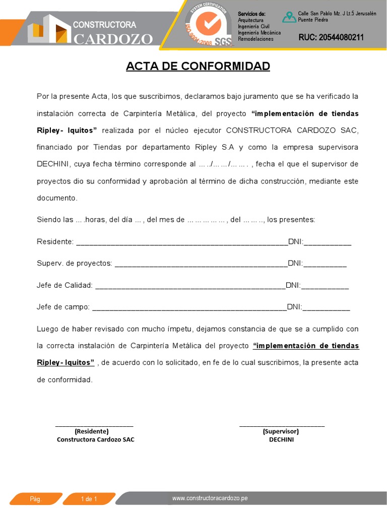 Acta de Conformidad Carpinteria Metálica | PDF